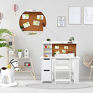 Wooden Sdudy Desk with Chair for Kids, Children School Study Table with Hutch and Chair, White Learning Table with Bookshelf, Bulletin Board and Cabinets, for 3-8 Years Old Boys and Girls