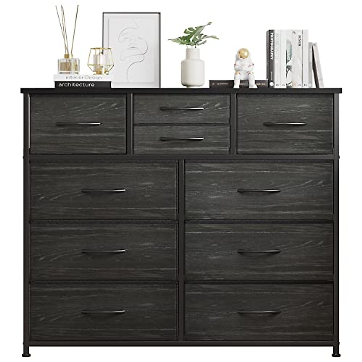 LUMTOK 10-Drawer Dresser, Fabric Dressers Drawers for Bedroom, Hallway, Nursery, Closets, Steel Frame, Wood Top, Easy Pull Handle (Black Wood Veins)