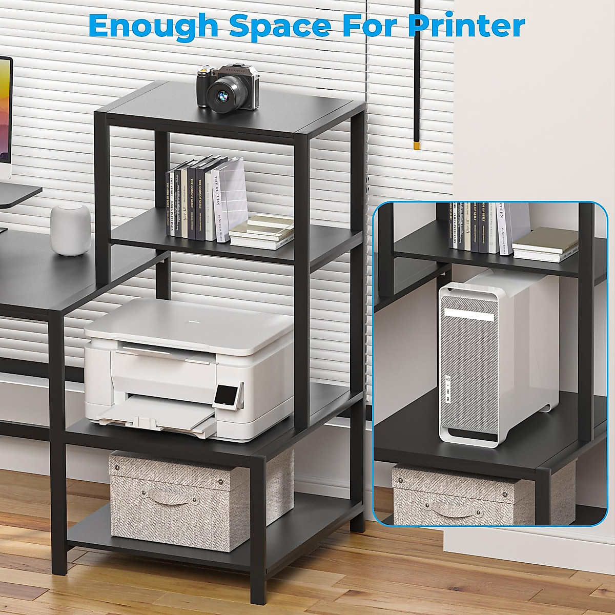 GreenForest Computer Desk with Storage Printer Shelf,67 inch Reversible Home Office Desk Large Study Writing Table with Movable Monitor Stand and 2 Headphone Hooks for PC Gaming Working, Black