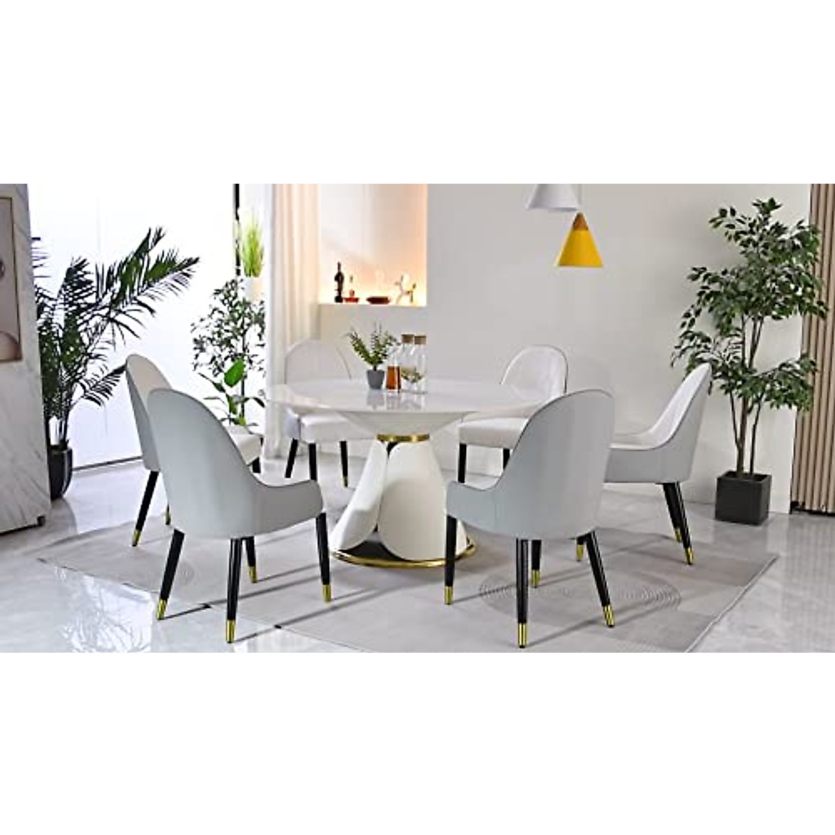HomSof Modern Sintered Stone Round Dining Table Set with Stainless Steel Base with 6 pcs Chairs, 7 Pieces, White+Grey