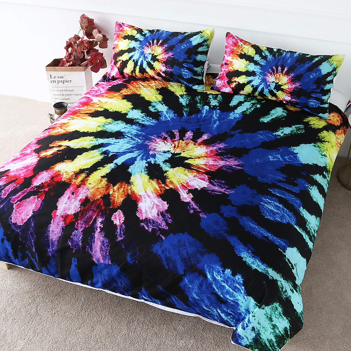 BlessLiving Tie Dye Bedding Full Size Hippie Bed Sets Black Blue Purple Tie Dye Bedding Full Size Set Trippy Bedspread for Boys Girls 3 Pieces Gypsy Comforter Cover with 2 Pillowcases (Full)