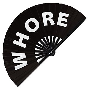 Whore Hand Fan Foldable Bamboo Circuit Hand Fan Funny Gag Curse Words Expressions Statement Gifts Festival Accessories Rave Handheld Circuit Event Fan Clack Fans (Black)
