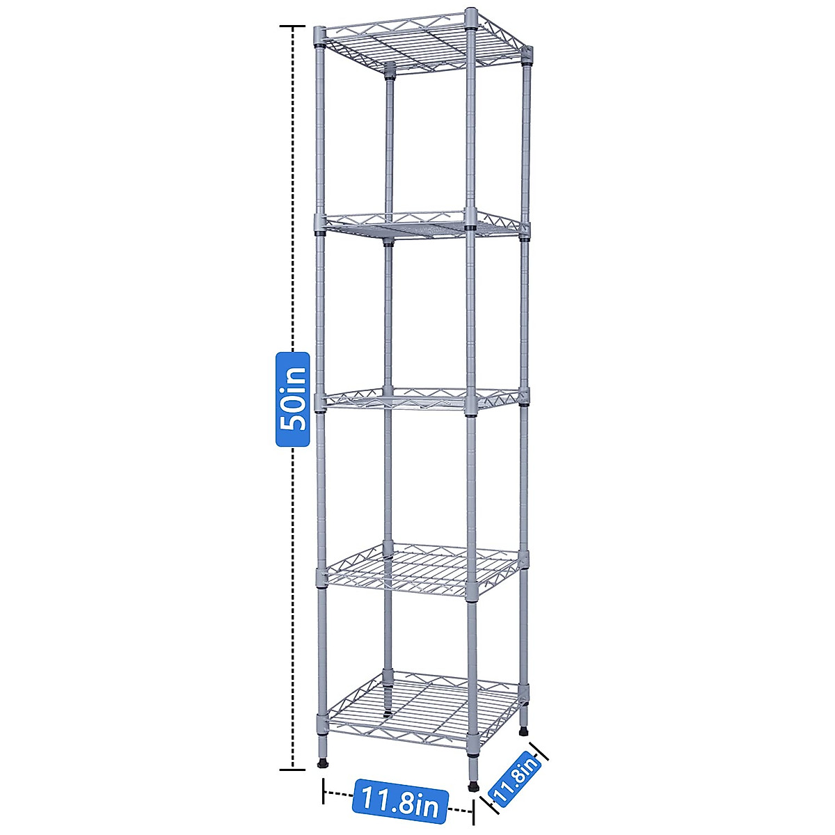 GIOTORENT 5 Tier Standing Shelving Metal Units, Adjustable Height Wire Shelf Display Rack for Laundry Bathroom Kitchen 11.8 W x 11.8 D x 50 H (5-Tier, Gray)