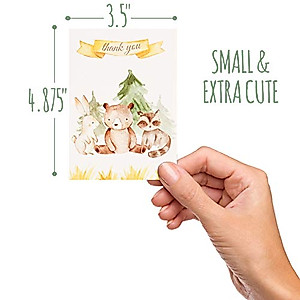VNS Creations 30 Woodland Thank You Cards | Bulk Forest & Mountain Animals Thank You Notes with Matching Green Envelopes & Stickers | Small & Cute Notecards Perfect for Baby Shower and Kids Birthday.