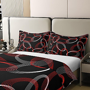 Feelyou Retro Circle Geometry Bedding Set King Red White Circle Comforter Cover for Boys Girls Circle Duvet Cover 100% Cotoon Stripe Line Art Bedspread Cover Decorative 3Pcs with 2 Pillow Case