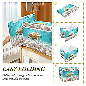 Kigai Storage Basket Underwater Sea Turtle Storage Boxes with Lids and Handle, Large Storage Cube Bin Collapsible for Shelves Closet Bedroom Living Room, 16.5x12.6x11.8 In