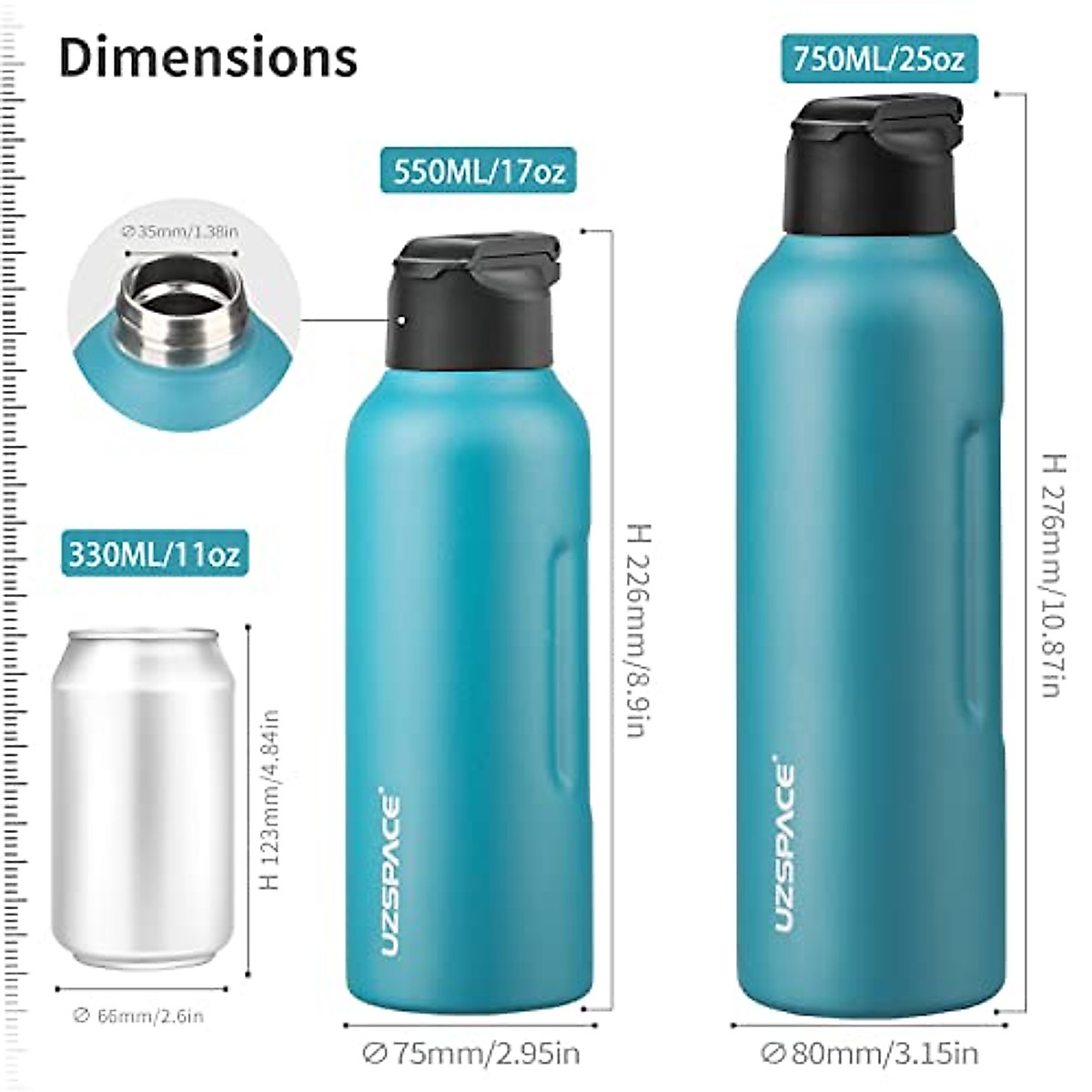 UZSPACE Insulated Water Bottle 17oz 25oz Stainless Steel Water Bottles for School Kids Adults, Double Wall Keep Cold & Hot Reusable Metal Water Bottle With Straw (Cyan,17oz)