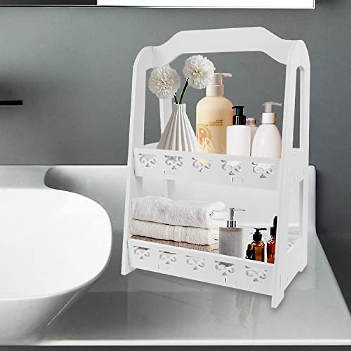 Bathroom Shelf Organizer,2 Tier Bathroom Countertop Organizer,Counter Organizer,Makeup and Cosmetic Counter Standing Rack Cosmetic Holder,Kitchen Standing Spice Rack FLUKIN