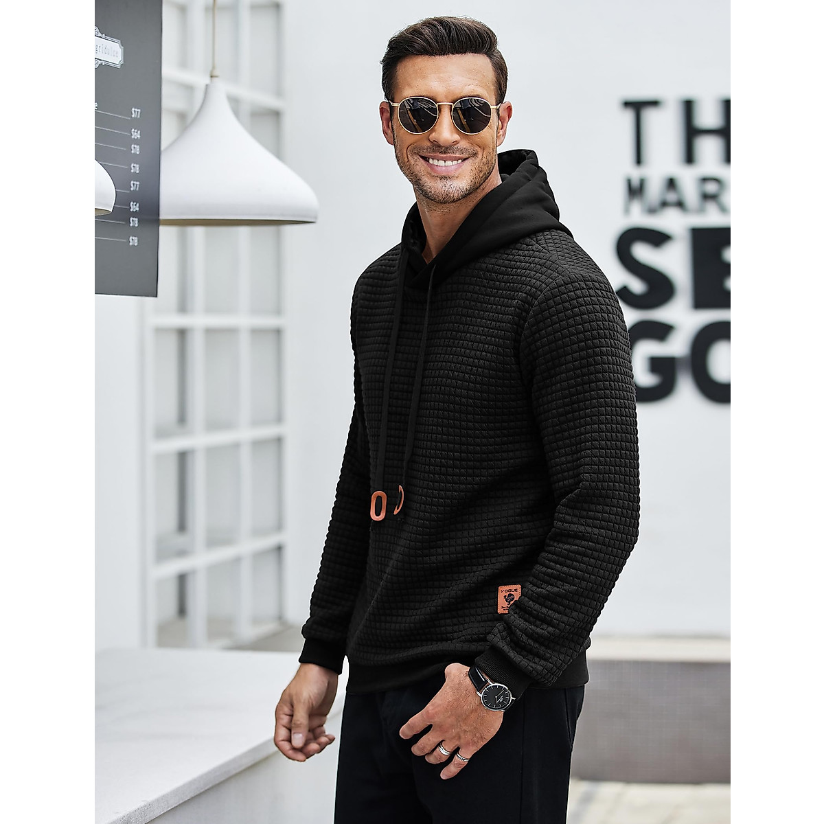 COOFANDY Men's Fashion Hoodies Sweatshirt Long Sleeve Workout Waffle Pattern Sweatshirts Solid Long Sleeve Pullover Black