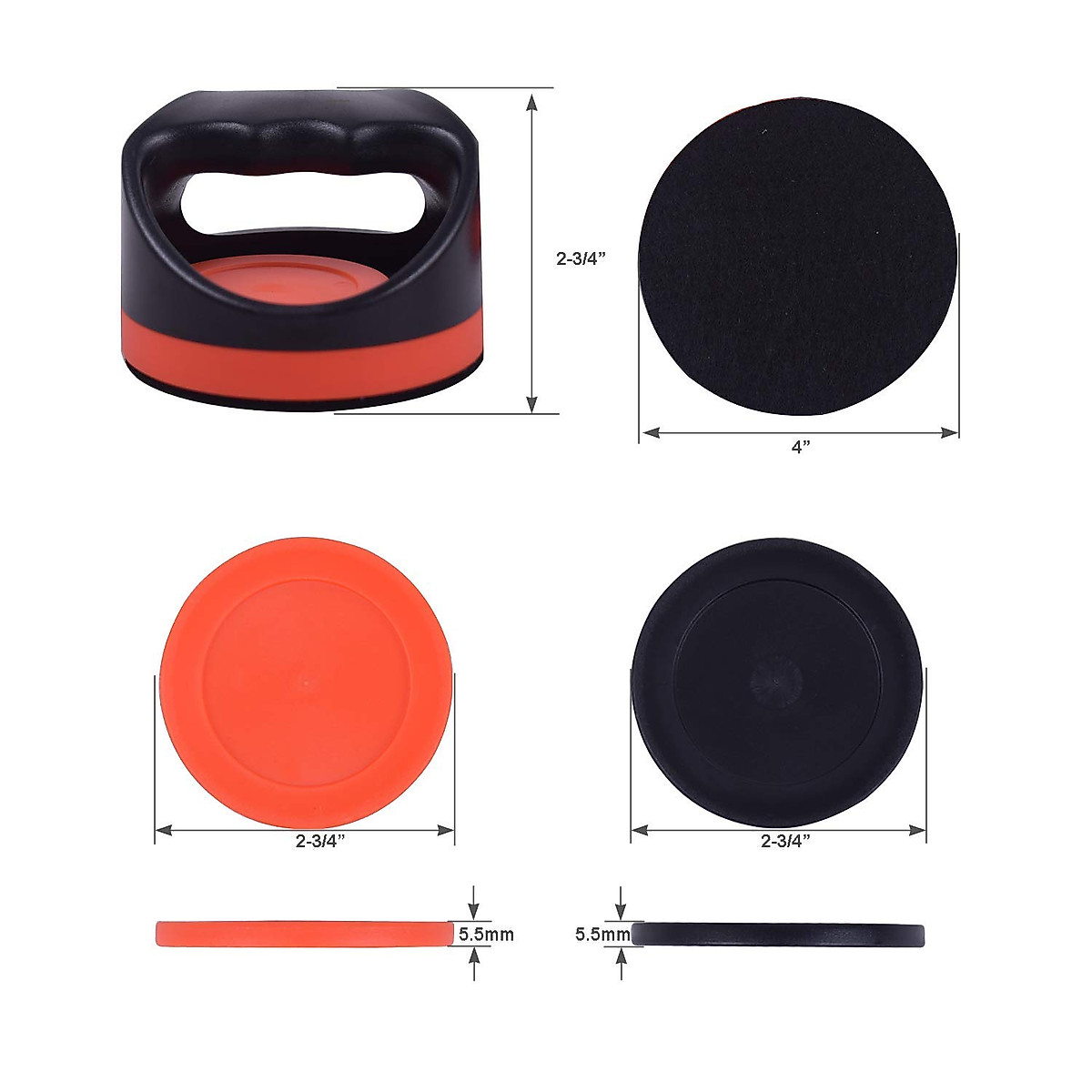 Plastic Air Hockey Strikers/Pushers, 2 PCS 4" Plastic Black Air Hockey Pushers and 4 PCS 2.75" Pucks Replacement for Game Tables Goalies Equipment Accessories