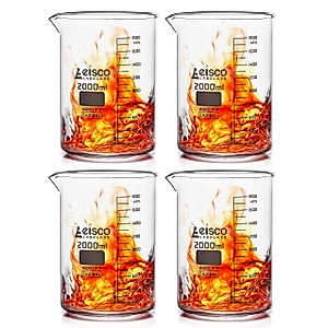 EISCO 4PK Beakers, 2000ml - Low Form with Spout - White, 100ml Graduations - Borosilicate 3.3 Glass