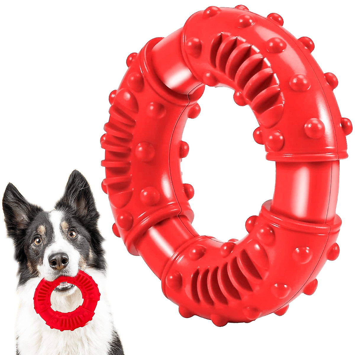 SIMENA Heavy Duty Dog Chew Toy, Natural Teething Toy for Medium Breeds, Tough Durable Chewy Toy, Teeth Cleaning Tough Dog Toys (Ring, Red)