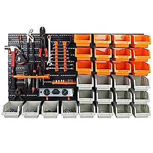 Todeco 46 Pcs Wall Mounted Storage Bins Set, Tool Organizer Bins Parts Rack with 28 Storage Bins, 14 Accessories & 4 Peg Board, Garage Storage Rack for Tool, Parts, Craft