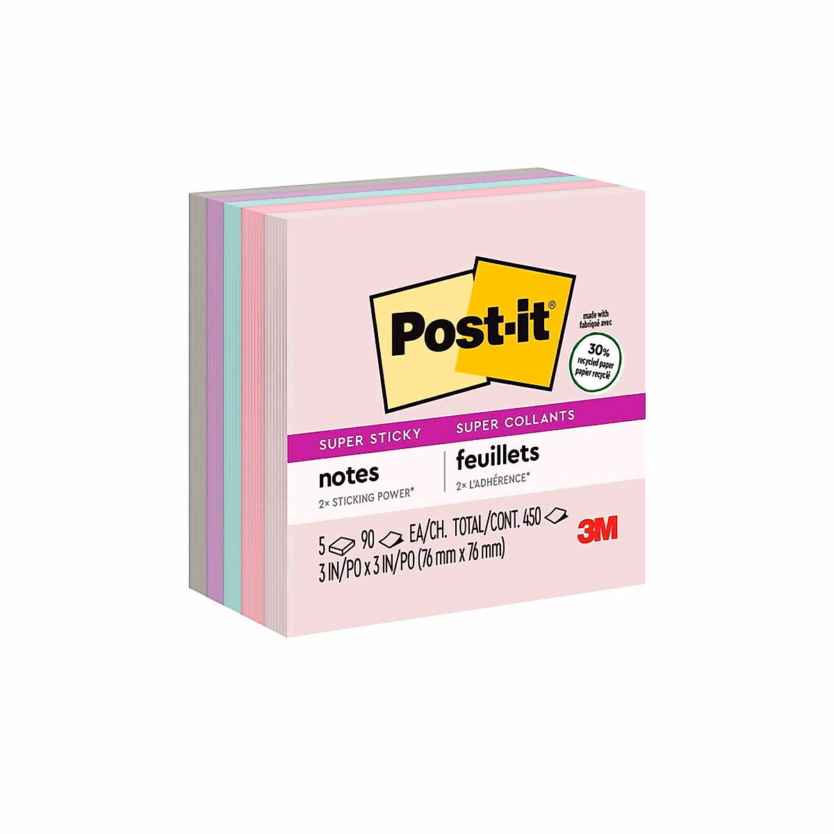 Post-it Super Sticky Recycled Notes, 3 x 3 in, 5 Pads, 2x the Sticking Power, Wanderlust Collection, Pastel Colors, 30% Recycled Paper (654-5SSNRP)