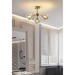 KCO Lighting Glass Globe Sputnik Chandelier 3-Light Brass Gold Close to Ceiling Light Mid Century Flush Mount Ceiling Light for Kitchen Island Bedroom Bathroom (3-Lights)