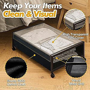 UEAKPIC Under Bed Storage Containers with Wheels, 2 Pack Under Bed Shoe Storage Organizer, Rolling Under Bed Storage Metal Drawer, Organization and Storage for Clothes, Toys, Blankets, Books