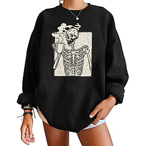 Meladyan womens Halloween Skull Graphic Print Fleece Oversized Sweatshirt Crewneck Long Sleeve Drop Shoulder Pullover, Classic Black, X-Large