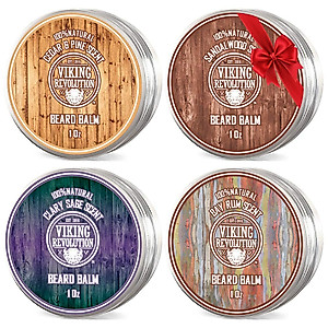 Viking Revolution 4 Beard Balm Variety Pack (1oz Each)- Sandalwood, Pine & Cedar, Bay Rum, Clary Sage - Beard Butter Styles, Strengthens and Softens Beards and Mustaches - Beard Wax for Men