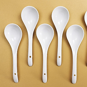 Buyajuju Porcelain Mini Size Ladles, 9 inch Large Soup Spoons, 6 Pieces Premium White Porcelain Spoons, Ladles for Stews, Chinese Noodles Spoons, Long Ladle Big Japanese Spoons
