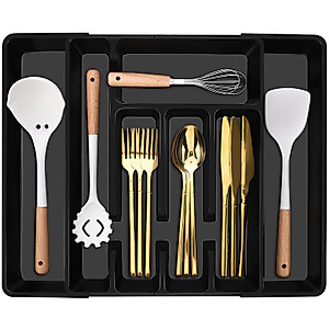 Dntorx Utensil Drawer Organizer, Expandable Silverware Drawer Organizer Adjustable Kitchen Drawer Organizer Cutlery Drawer Utensil Tray Flatware Tray for Forks Spoons Knife Organizer(Large, Black)