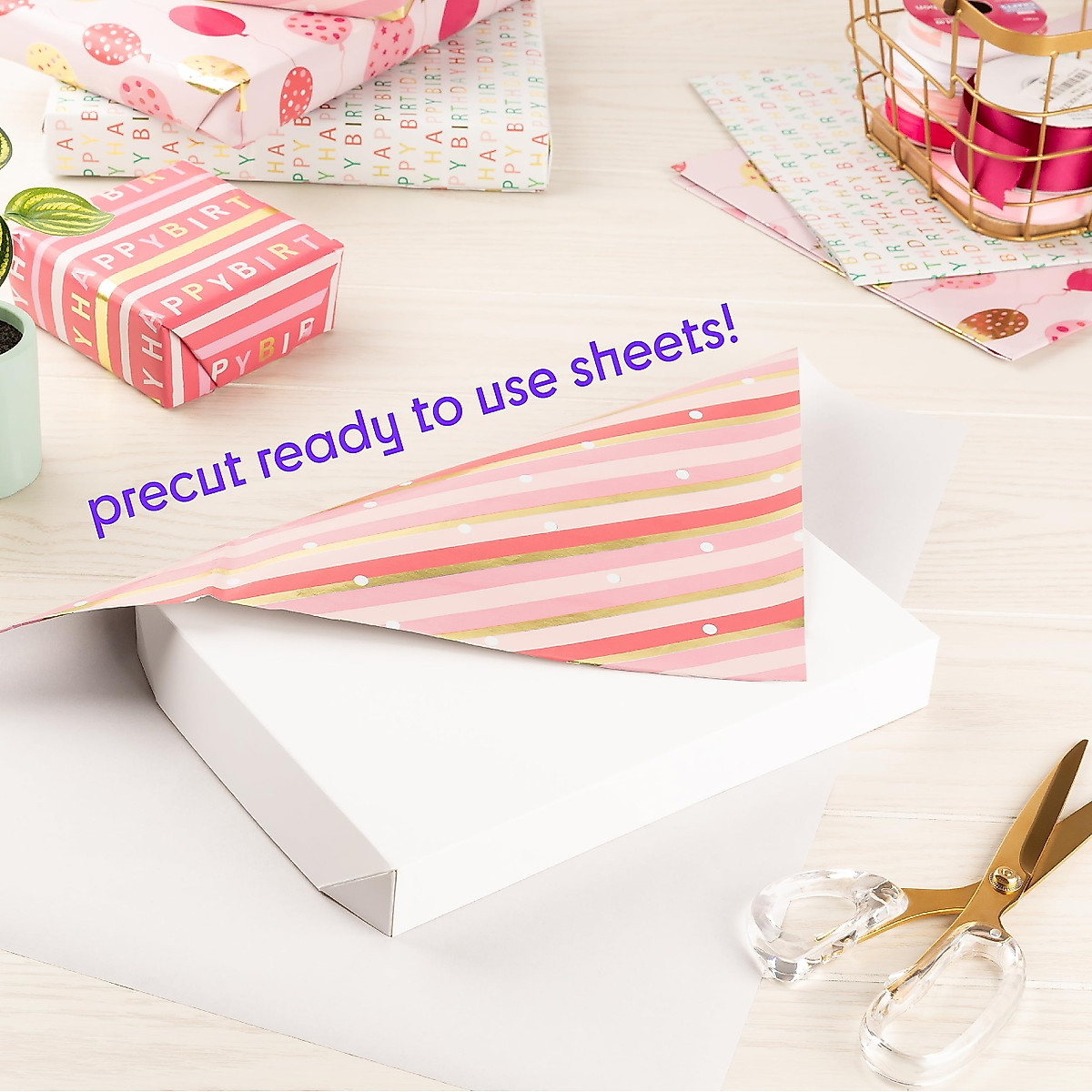 Plum Designs Gift Wrapping Paper Sheets- Happy Birthday Wrapping Paper Girl, Fun Wrapping Paper for Birthday Girl, 14 Sheets Gift Wrap Paper (Cute Fun Theme) (Kraft Birthday THeme) (Pretty Pink Designs)