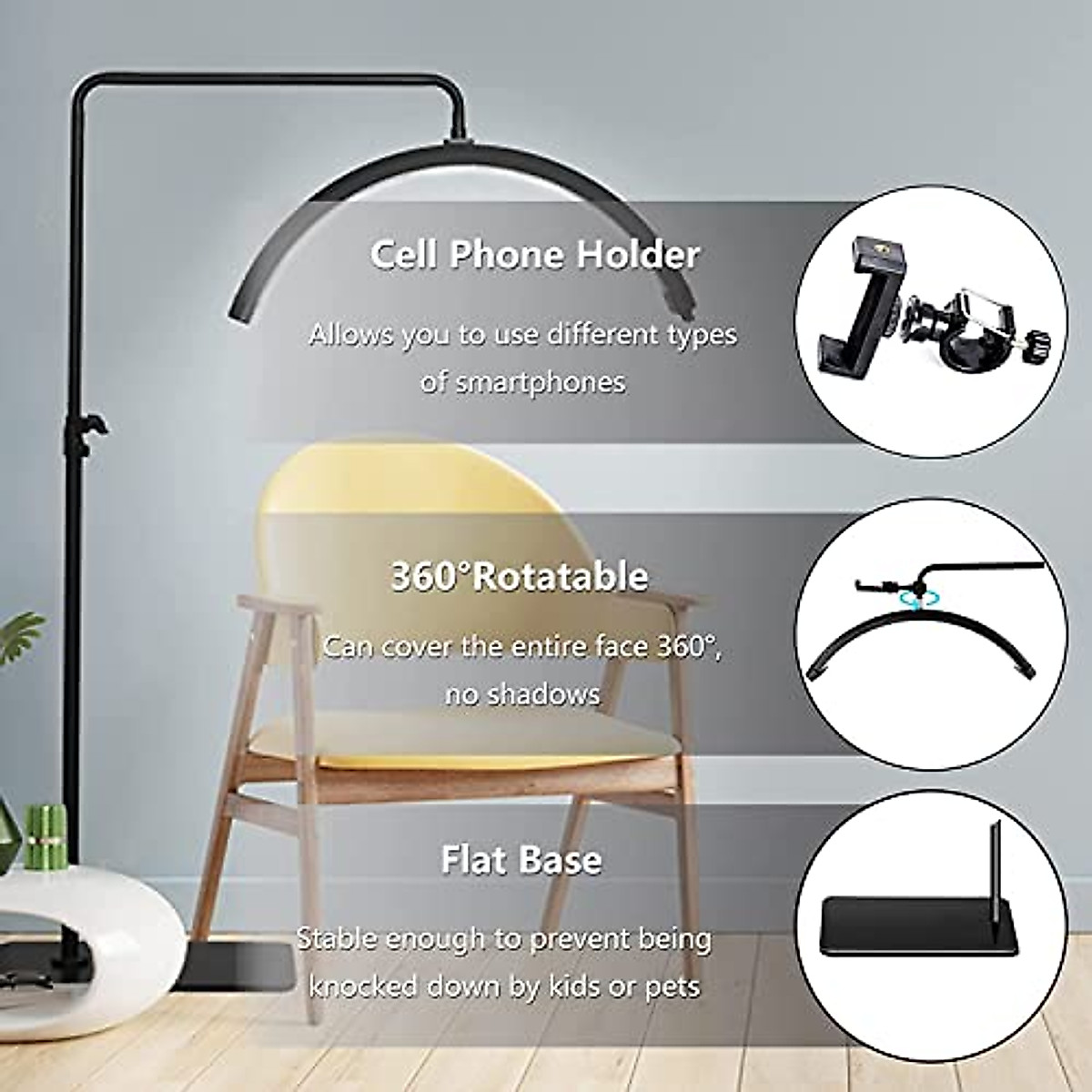 QQXX LED Floor Half Moon Lash Light Floor Lamp for Reading,Eyelash Extensions LED Floor Light，Lash Lamp,Adjustable Standing Lamp with Remote,Tattoo Light,Salon Cosmetic SPA Pmu Lamp , White