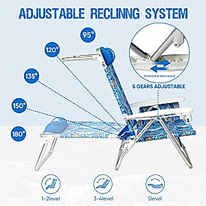 Old Bahama Bay Reclining Beach Chair Backpack 5-Position Lay Flat Lounge Chair for Adults Heavy Duty Portable Folding Lightweight with Cooler Bag Camping Chair for Sand Outdoor Blue