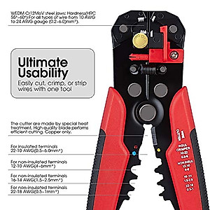 5 in 1 Self-Adjusting Wire Stripper Cutter, Wire Crimping Tool Wire Pliers for Wire Stripping, Cutting, Crimping 10-24 AWG (0.2-6.0mm²) (Red)