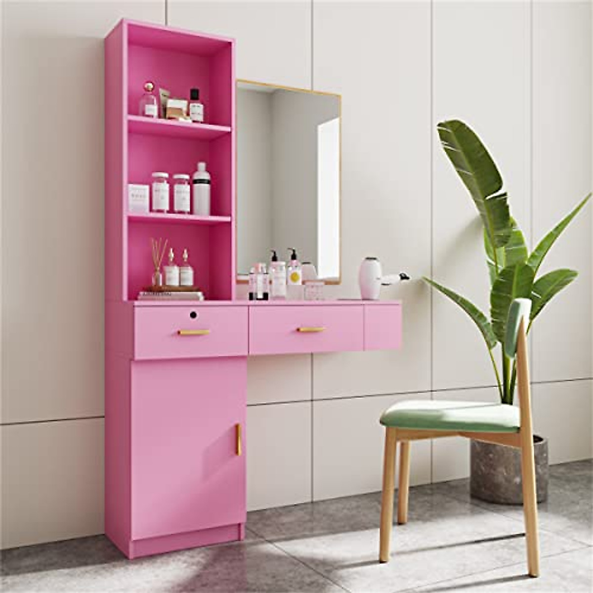 LLS Makeup Dressing Table, Computer Desk Vanity Set Wooden Dresser with 1 Storage Cabinet, 2 Drawers & 3 Open Shelves, Modern Hair Desk Writing Desk Without Mirror for Studio Toilet Barber Shop, Pink