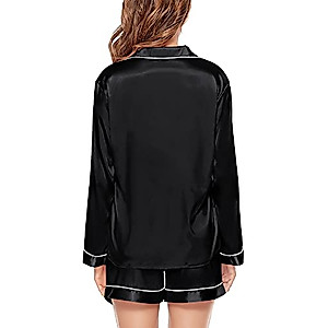 SWOMOG Womens Silk Satin Pajamas Long Sleeve Loungewear Two-piece Sleepwear Button-Down Pj Set Black