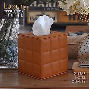 Luxury 5 Star Hotel Style Tissue Box Cover - Sturdy and Stylish Tissue Box Holder with a Custom Height and Modern PU Leather Exterior, 13.5x13.5x15cm - Light Brown