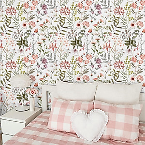 VEELIKE 17.7''x354'' Peach Pink Wildflowers Floral Wallpaper Mural Peel and Stick Pink Floral Contact Paper for Walls Shelves Nursery Wallpaper Removable Adhesive Floral Vinyl Wallpaper for Bedroom