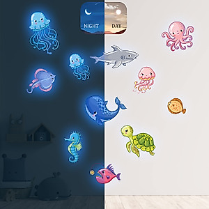 Glow in The Dark Cute Ocean Wall Decals, Under The Sea Life Fish Animals Stickers for Nursery, Removable Living Room Bedroom Bathroom Decoration