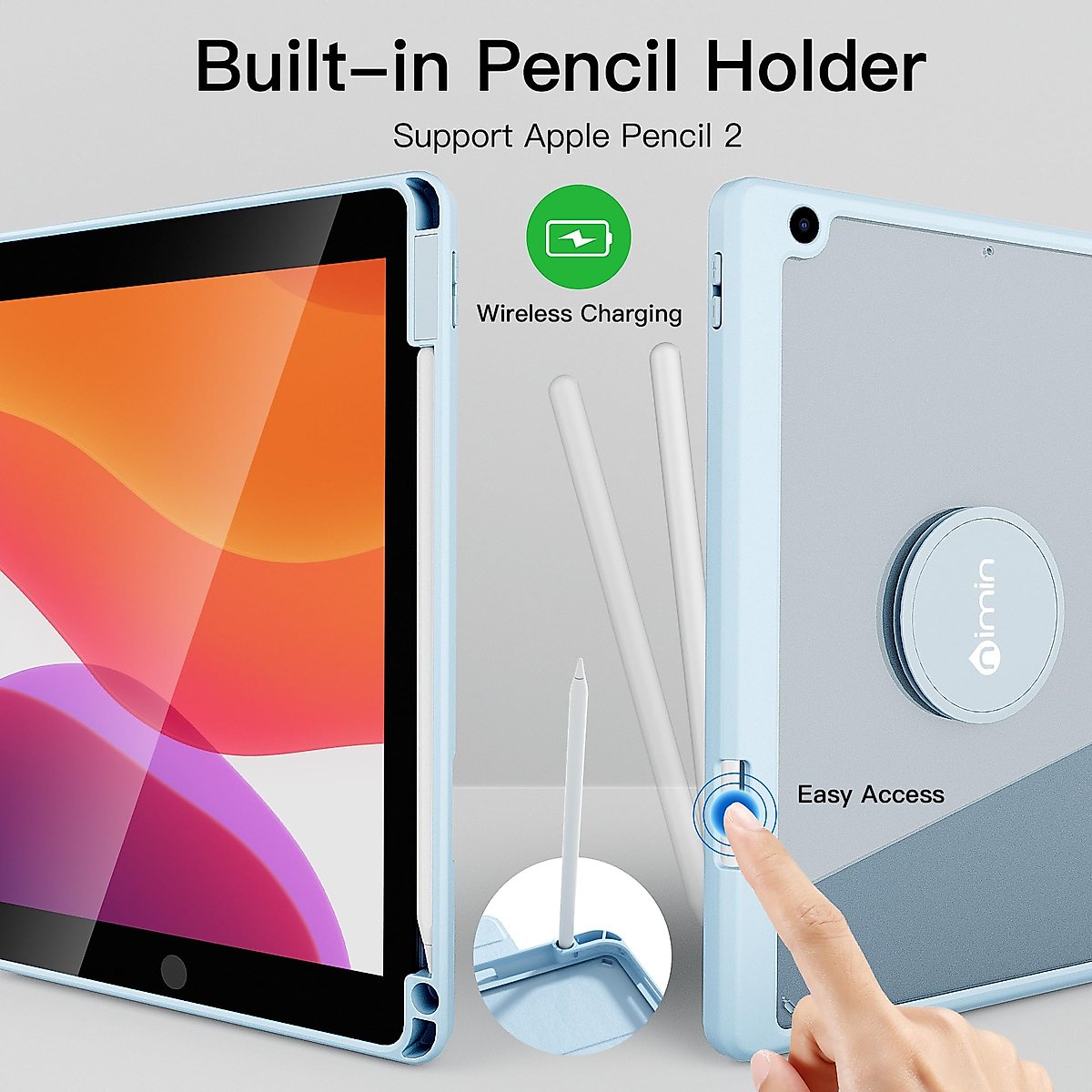 nimin Rotatable Case for 10.2 inch iPad 7th / 8th / 9th Generation Protective,Detachable Magnetic Protective,360° Rotating,Adjustable Stand,Pen Holder,Auto Sleep/Wake,Light Blue