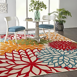 Nourison Aloha Indoor/Outdoor Green 7'10" x 10'6" Area Rug, Tropical, Botanical, Easy Clean, Non Shedding, Bed Room, Living Room, Dining Room, Deck, Backyard, Patio (8x10)