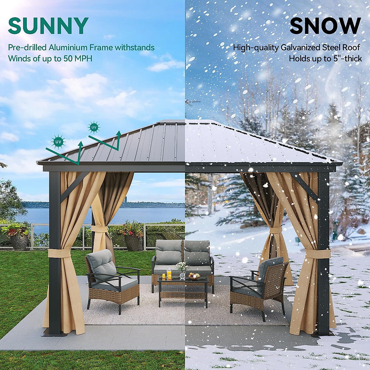 YITAHOME 10x12ft Hardtop Gazebo with Nettings and Curtains, Heavy Duty Galvanized Steel Outdoor Vertical Stripes Roof for Patio, Backyard, Deck, Lawns, Brown