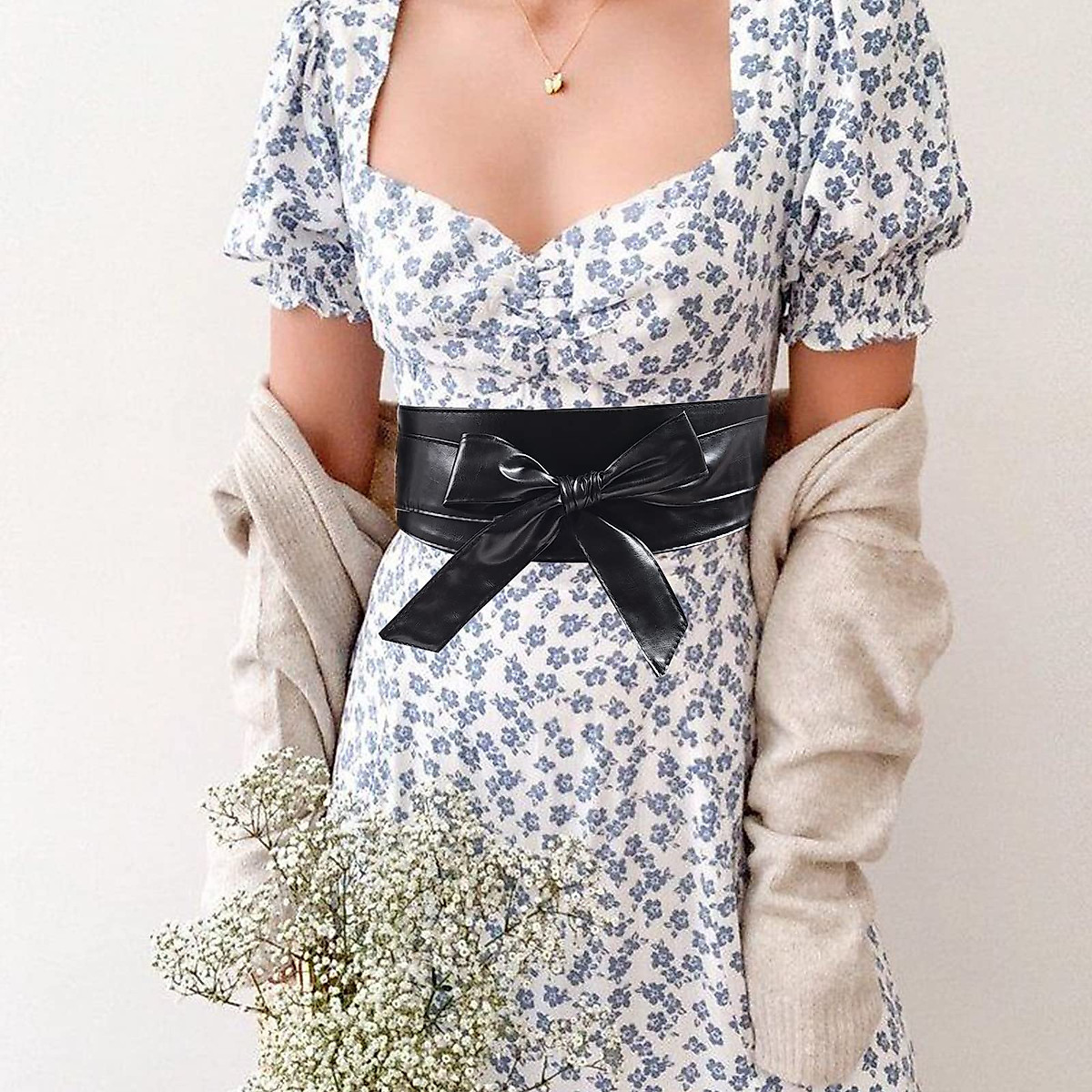 Woman Wide PU Leather Belt Obi Belt Self Tie Cinch Belt Wrap Around Bowknot Waistband Bright Color for Dress