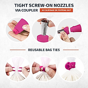 RFAQK 30PCs Piping Bags and Tips Set with EBook - Frosting Piping Kit with 10 Piping Tips,10 Pastry Bags, 2 Reusable Bags, 3 Icing Scrapers, 2 Couplers & 2 Ties for Cookies Cake Decorations (Pink)