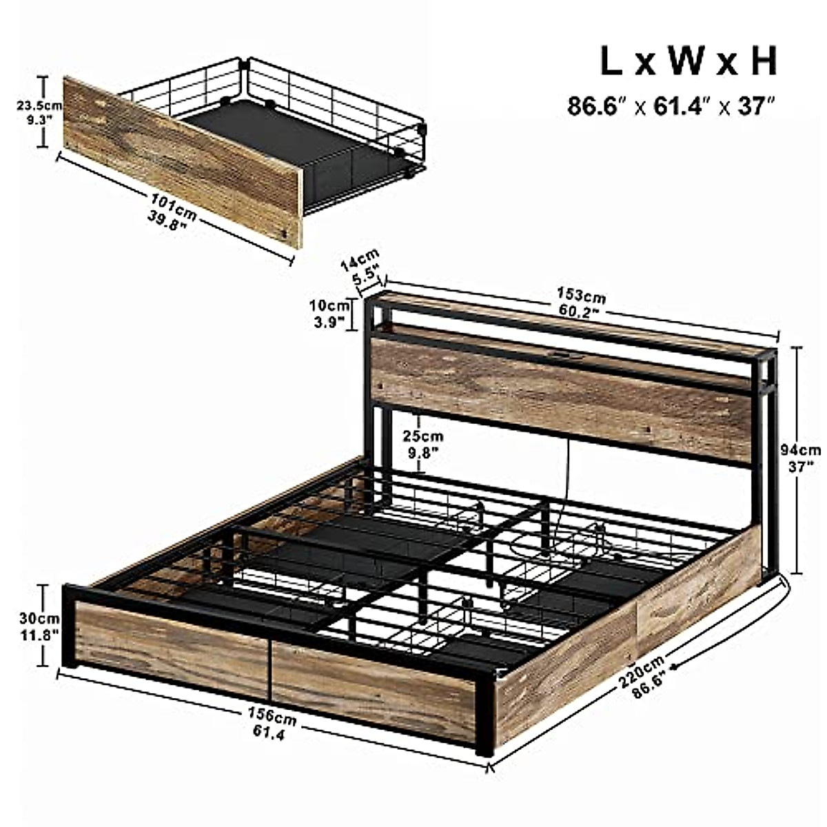 LIKIMIO Queen Bed Frame with Storage Drawer, 2-Tier Storage Headboard with Charging Station, No Box Spring Needed, Easy Assembly, Rustic Brown