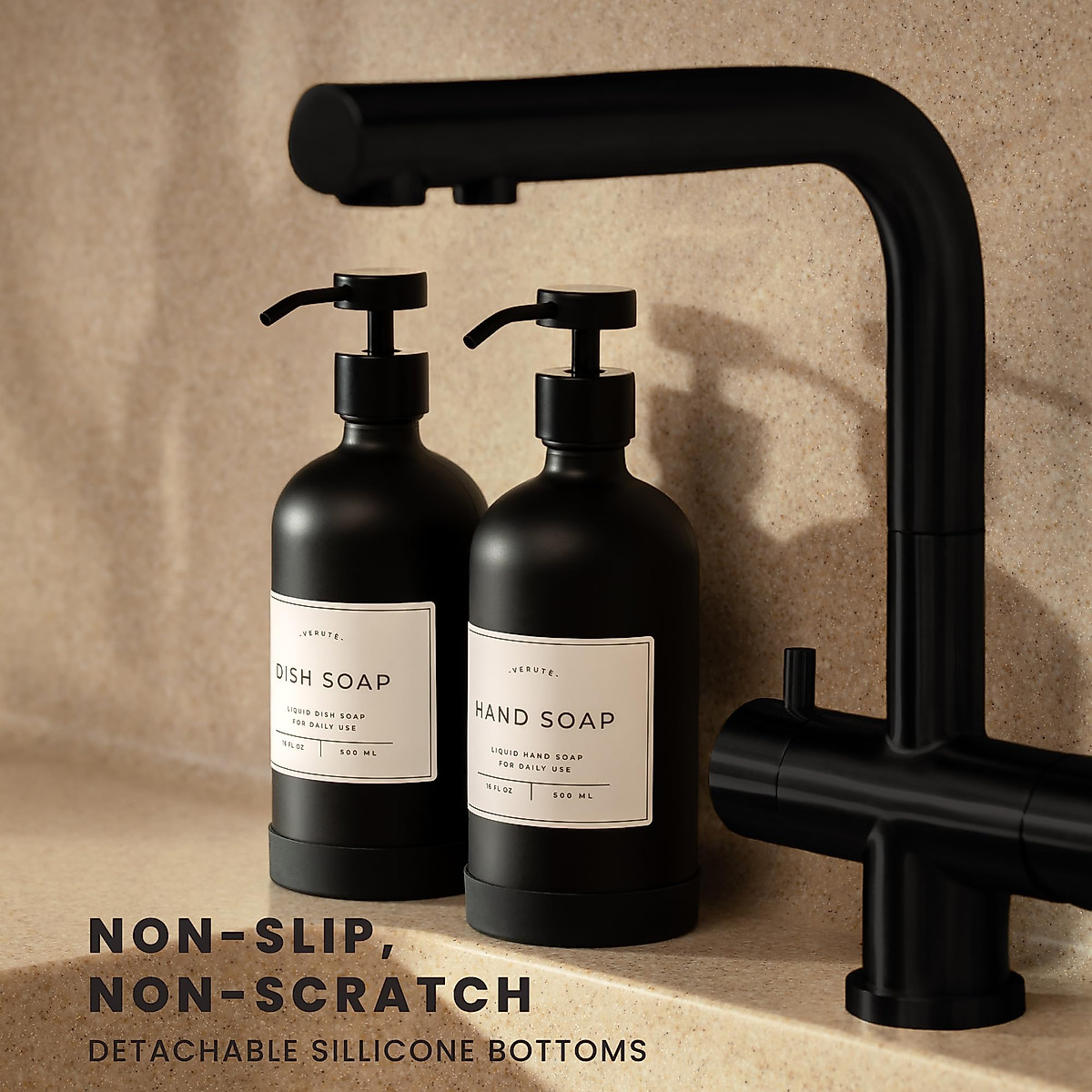 Verute 16oz Glass Soap Dispenser with Stainless Steel Pump, 21 Waterproof Labels, Non-Slip Protective Silicone Pad, Set of 2 for Bathroom & Kitchen (Matte Black Bottle/Black Pump)