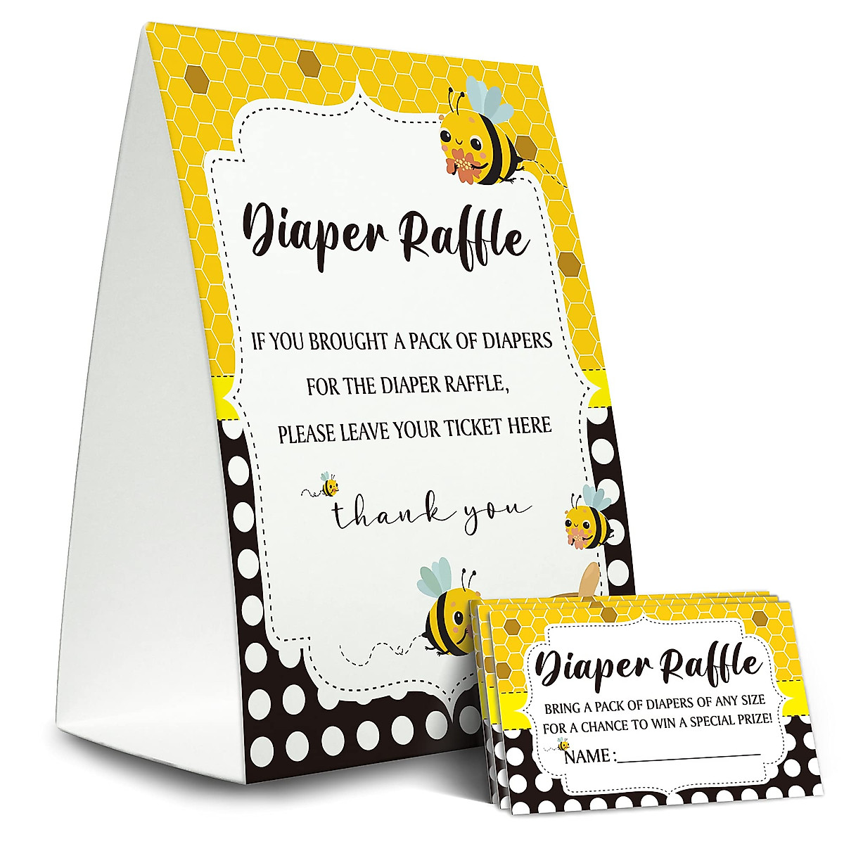 Diaper Raffle Sign,Diaper Raffle Baby Shower Game Kit (1 Standing Sign + 50 Guessing Cards),Bee Raffle Insert Ticket,Baby Showers Decorations,Card for Baby Shower Game to Bring a Pack of Diapers-N11