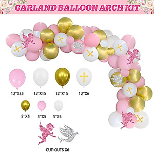 Fiesec Mi Bautizo Decorations for Girls, Baptism First Communion Christening God Bless Party Decorations Backdrop Balloon Garland Arch Glitter Banner Cake Cupcake Topper Gold Pink 103 PCs