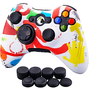 9CDeer 1 Piece of Silicone Water Transfer Protective Sleeve Case Cover Skin + 8 Thumb Grips Analog Caps for Xbox 360 Controller, Leaves Red