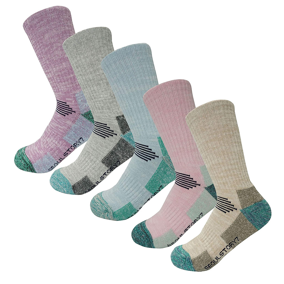 SEOULSTORY7 5Pack Women's Multi Performance Padded Hiking/Outdoor Crew Socks Year Round Design2-5Pair Purple/Light Gray/Light Blue/Pink/Beige Small