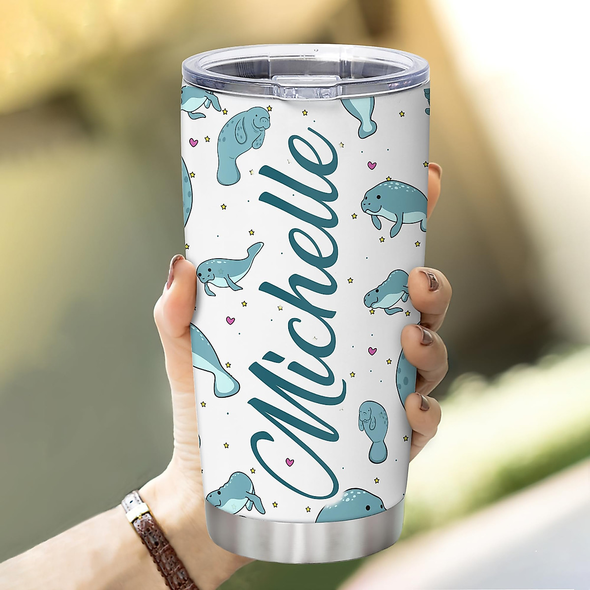 Hyturtle Personalized Gifts Manatee Lover - Manatees Printed Customized Name Stainless Steel Tumbler 20 oz With Lid - Idea Cute Sea Animal Lover Gifts For Women, Girl, Kids On Birthday, Christmas