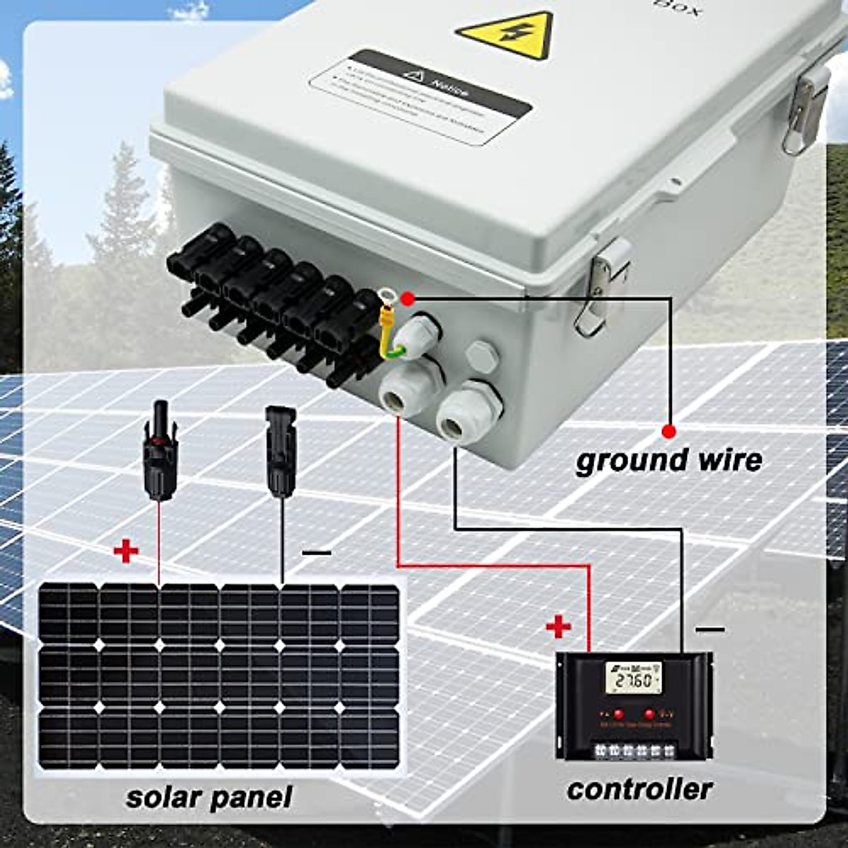 YUUCOO New Upgraded 6 String PV Combiner Box for On/Off Grid Solar Panel System, Solar Combiner Box with 15A Rated Current Fuse, 63A Air Circuit Breaker, Surge Protective Device
