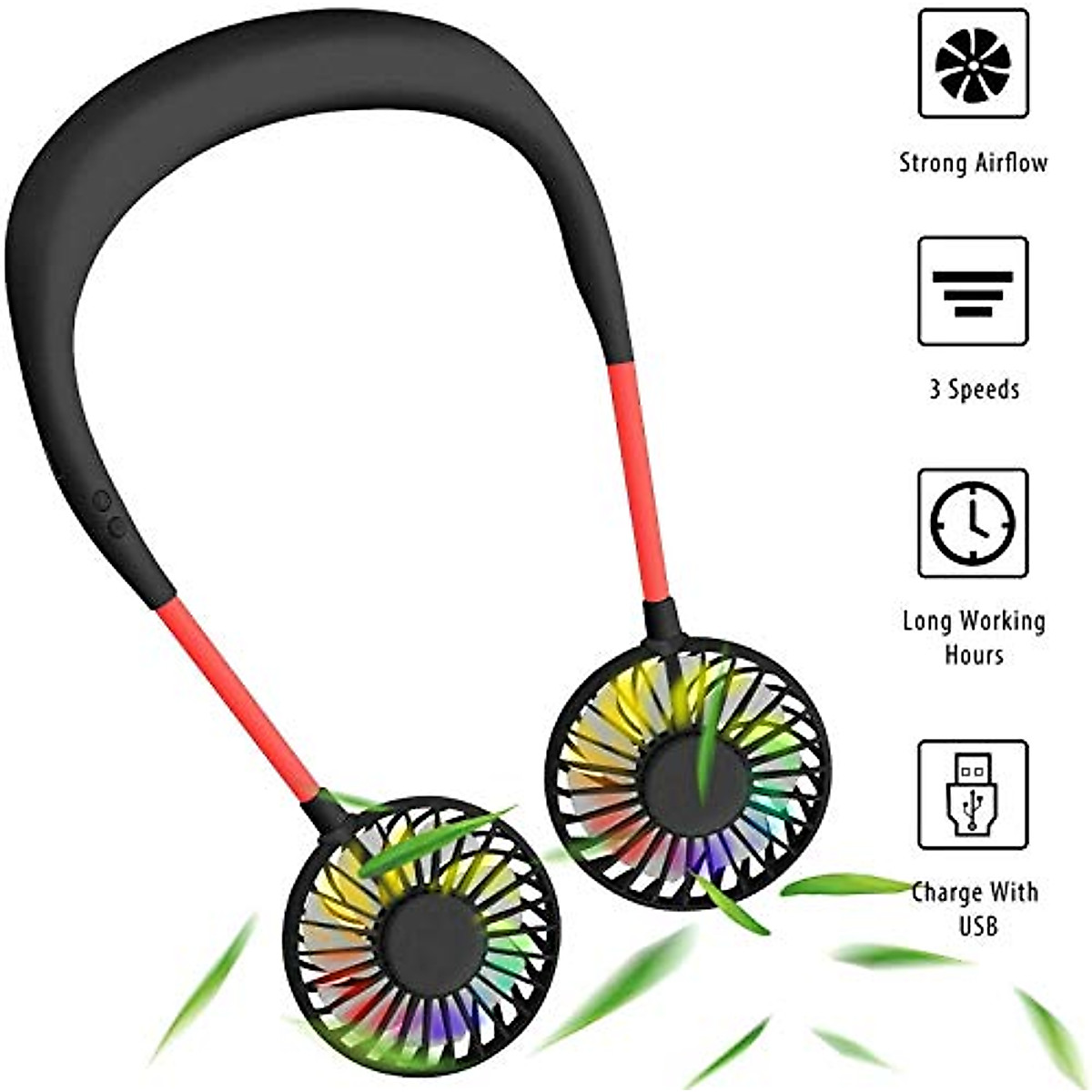 Portable Neck Fan - USB Rechargeable Fan with 3 Speeds Adjustable, Neck Fans Portable Rechargable Prime with LED Lights - Black