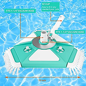POOLKEY Upgraded Heavy Duty Pool Vacuum Head, Deluxe 15'' Triangular Shape with 18 Bottom & Corner Brushes, Wheels, 360° Rotatable Pole Connector Pool Vacuum Head for Above Ground Pool Inground Pools
