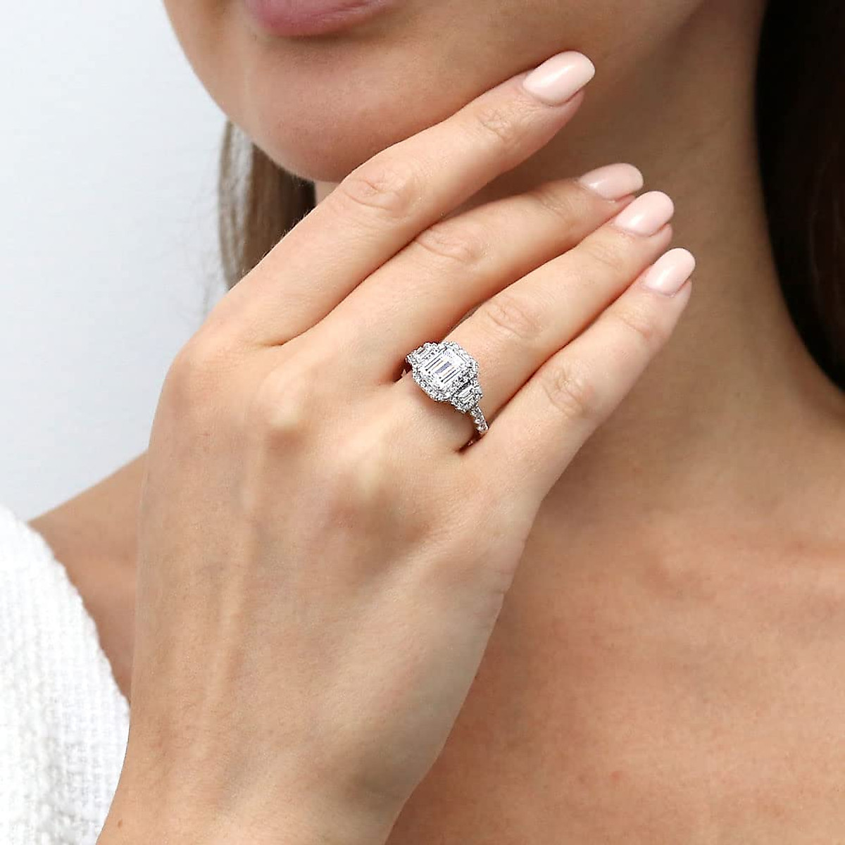 BERRICLE Sterling Silver 3-Stone Wedding Engagement Rings Step Emerald Cut Cubic Zirconia CZ Halo Ring for Women, Rhodium Plated Size 9