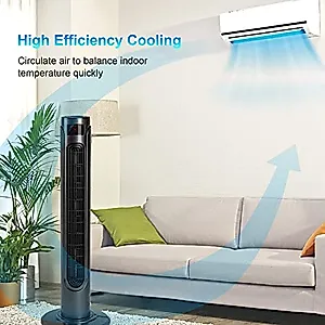Simple Deluxe 36 Inch High Efficiency Cooling Tower Fan with 3 Speed Settings and 15 Hour Timer, 70 Degree Auto Oscillating with Remote, Standing Fan for Bedroom Home Office